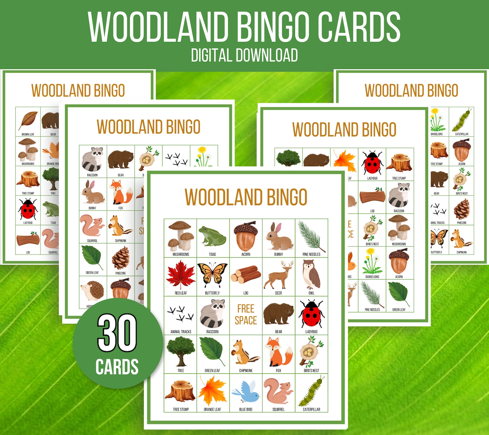Woodland Bingo, 30 Printable Woodland Bingo Cards, Woodland Party Game ...