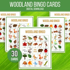 Woodland Bingo, 30 Printable Woodland Bingo Cards, Woodland Party Game ...