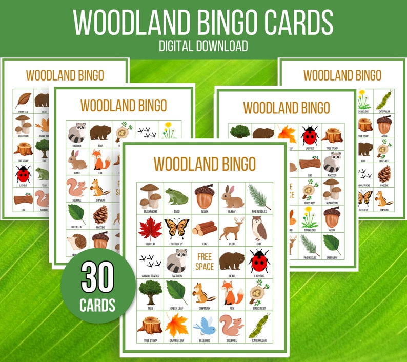 Woodland Bingo, 30 Printable Woodland Bingo Cards, Woodland Party Game ...