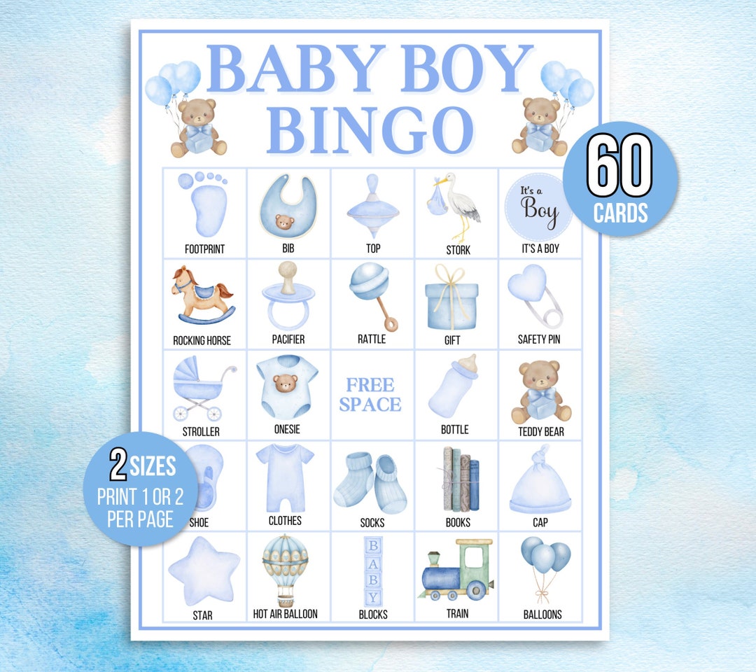 Baby Boy Bingo, 60 Baby Boy Bingo Cards, Baby Shower Bingo, Baby Shower ...