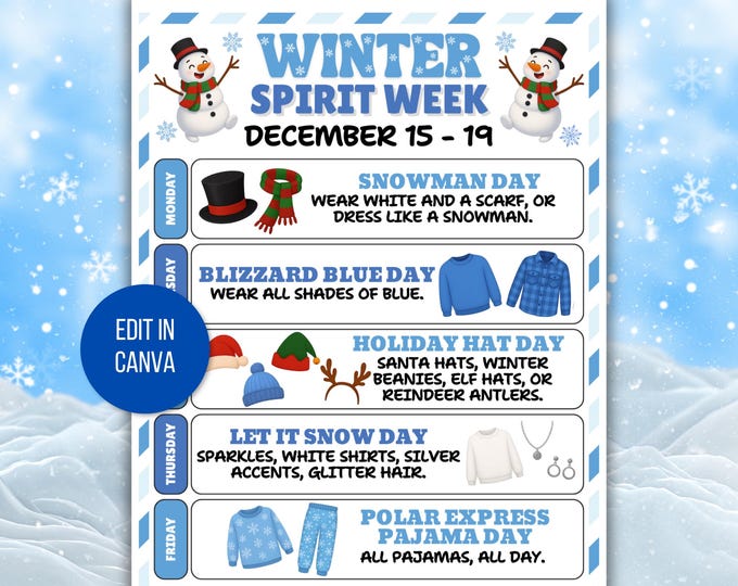 Customizable Winter School Spirit Week Flyer, Customizable Holiday ...
