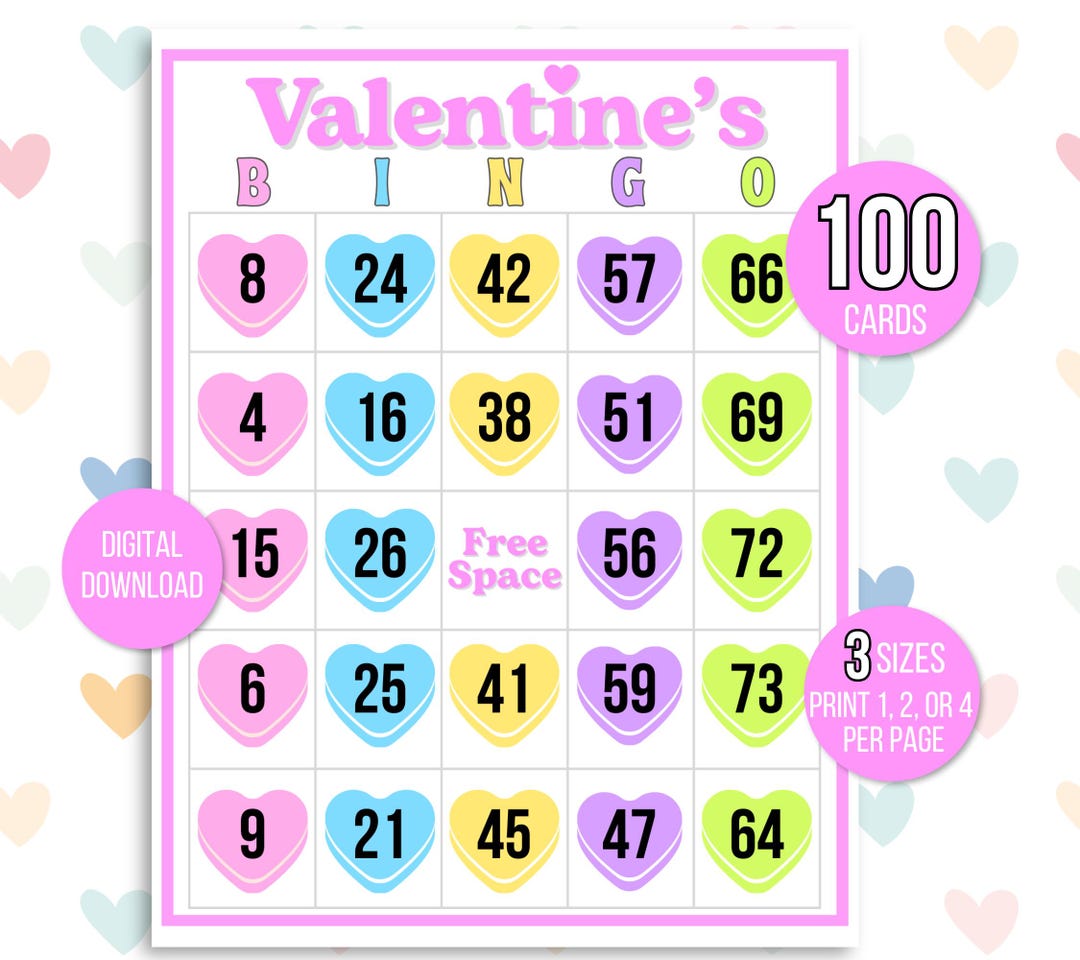 Valentine's Day Bingo, 100 Valentine's Day Bingo Cards, Valentine's ...