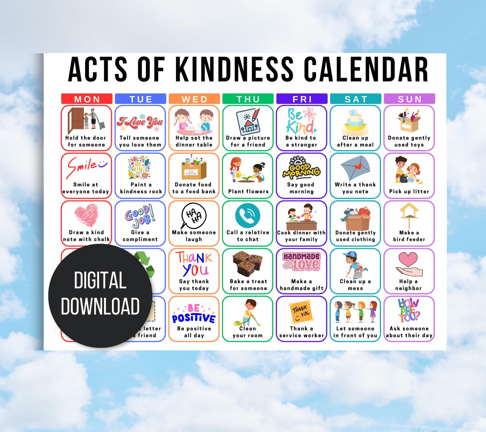 Kindness Calendar, Acts of Kindness Calendar, Kid's Kindness Challenge ...