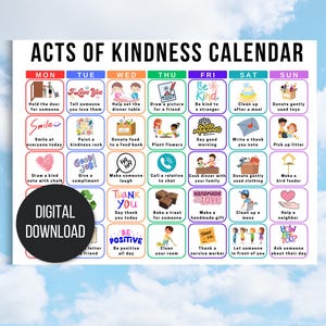 Kindness Calendar, Acts of Kindness Calendar, Kid's Kindness Challenge ...