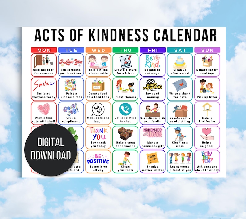 Kindness Calendar, Acts of Kindness Calendar, Kid's Kindness Challenge ...