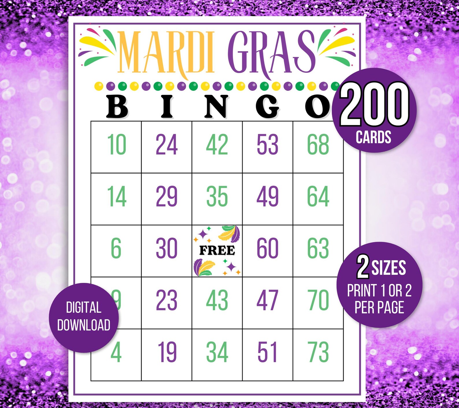 Mardi Gras Bingo, 200 Mardi Gras Bingo Cards, Mardi Gras Party Game ...