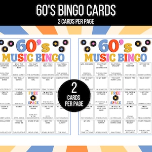 60s Bingo, 60s Song Bingo, 60s Music Bingo, 60s Retro Bingo, 50 ...