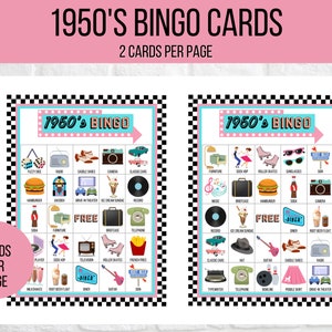 50s Bingo, 1950s Bingo, 30 Printable 1950s Bingo Cards, 50s Game, 50s ...