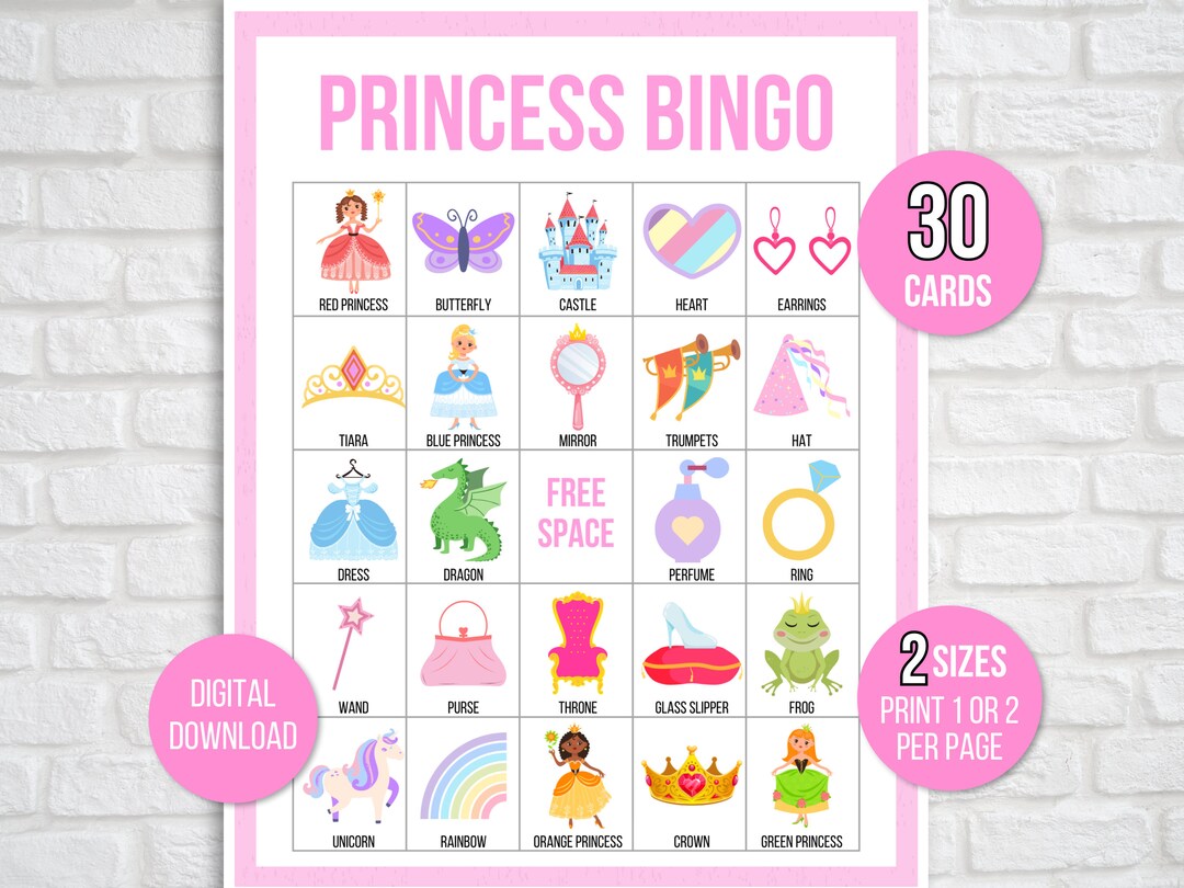 Princess Bingo, 30 Printable Princess Bingo Cards, Princess Birthday ...