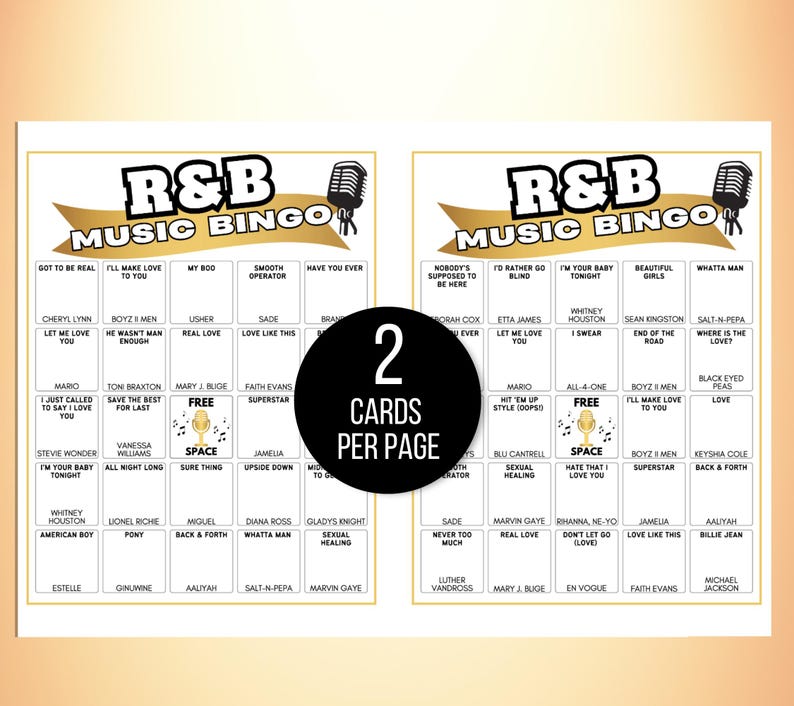 R & B Bingo, Rhythm and Blues Song Bingo, Blues Music Bingo, 100 ...