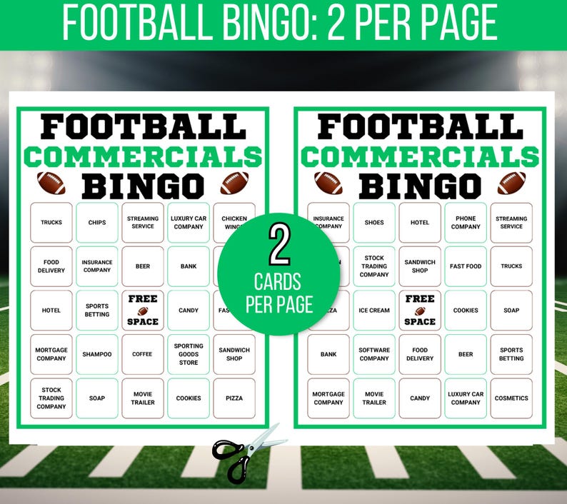 Football Commercials Bingo, 50 Big Game Day Bingo Cards, Football Watch ...