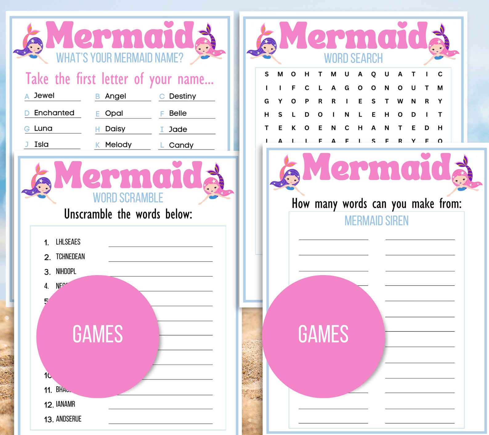 Mermaid Games Printable Bundle, Mermaid Activities, Girls Mermaid Games ...