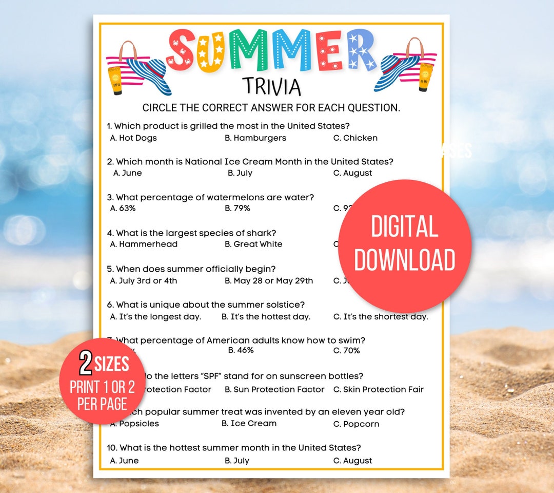 Summer Trivia Game, Summer Trivia Quiz, Printable Summer Game, Summer ...