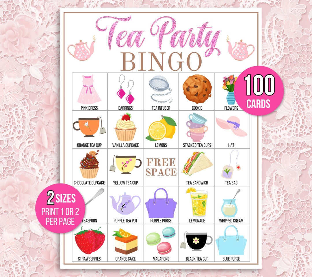Tea Party Bingo, 100 Unique Printable Tea Party Bingo Cards, Tea Party ...