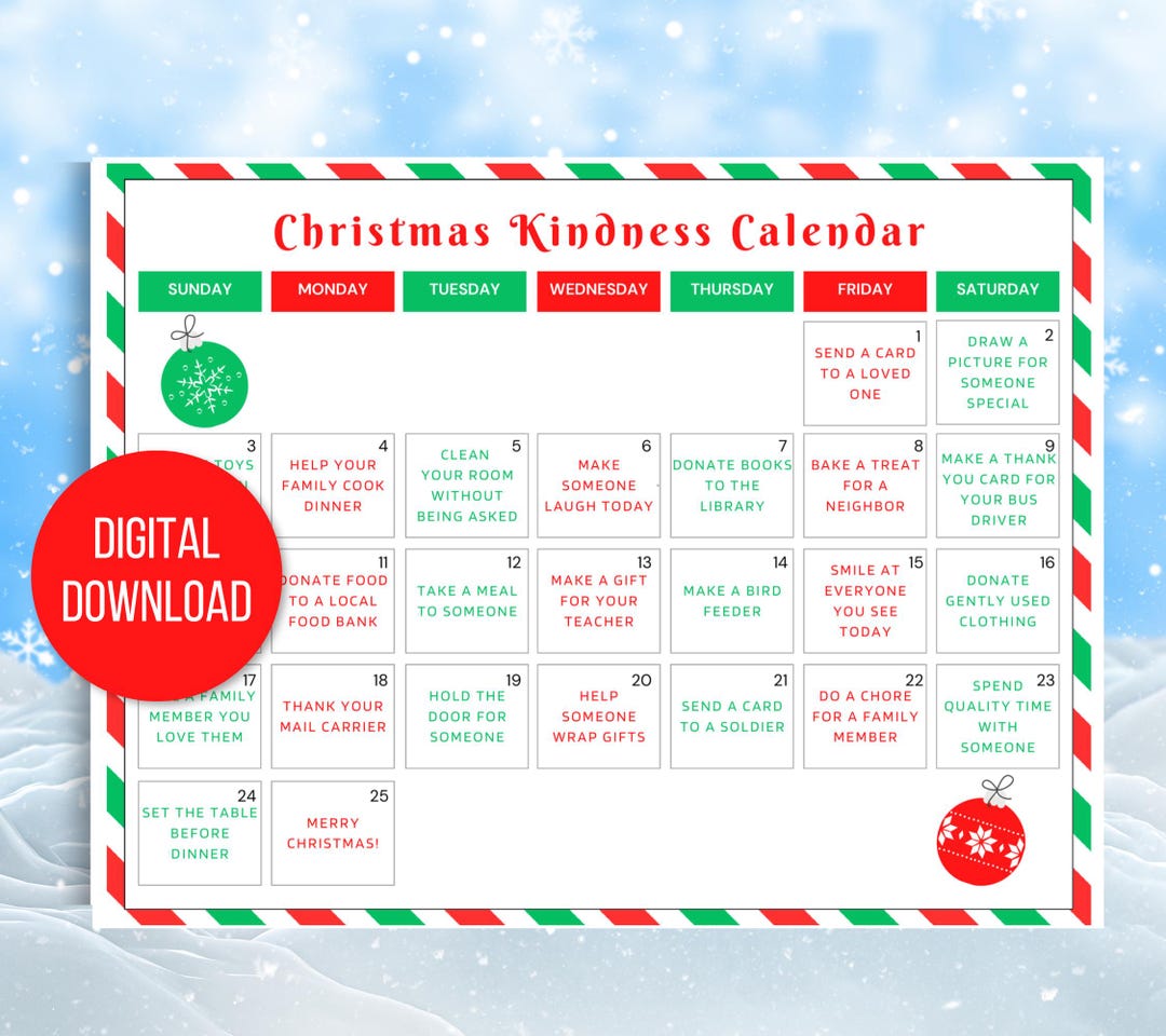 Christmas Acts of Kindness Calendar, Kids Advent Calendar, Kindness ...
