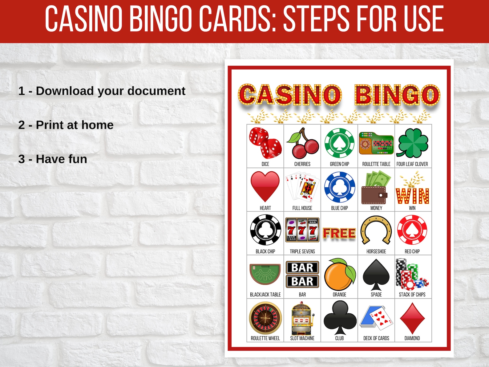 Casino Bingo Casino Game Casino Party Activity Casino - Etsy