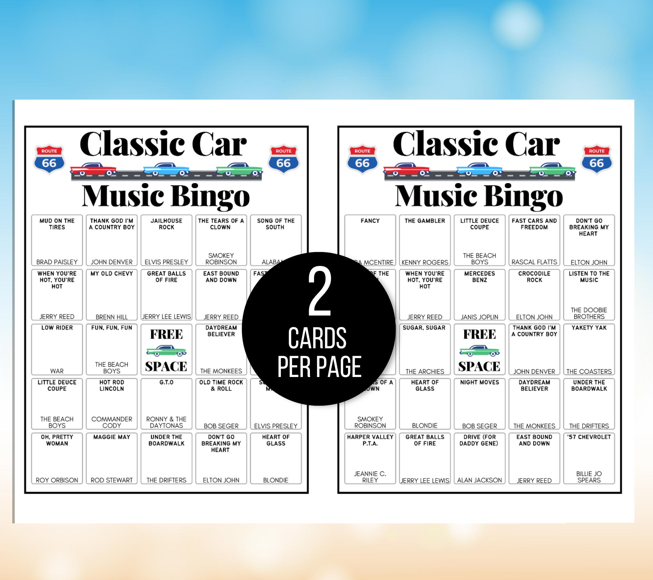 Music Bingo, Classic Car Music Bingo, Oldies Song Bingo, Oldies Music ...