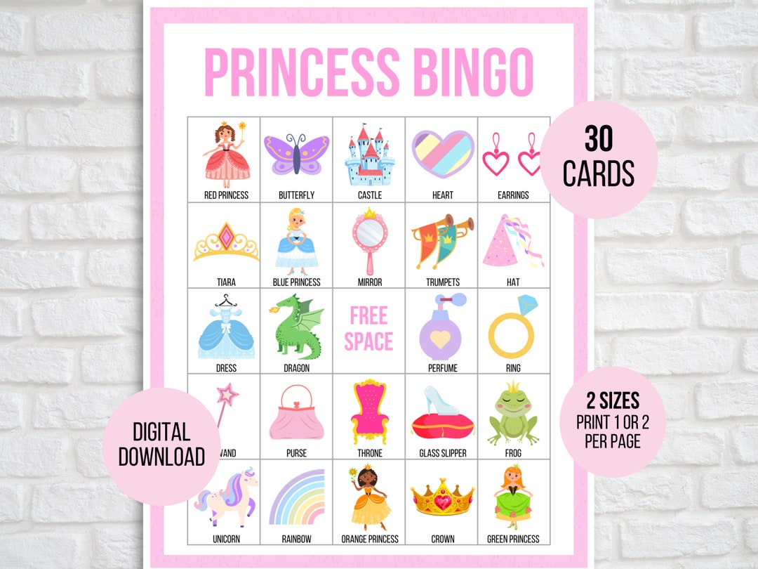 Princess Bingo, 30 Printable Princess Bingo Cards, Princess Birthday ...