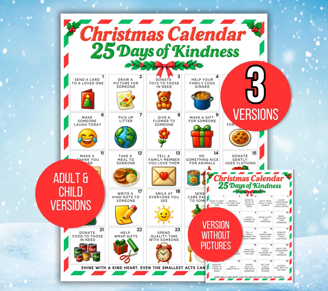25 Days of Kindness Calendar, Christmas Acts of Kindness Calendar ...