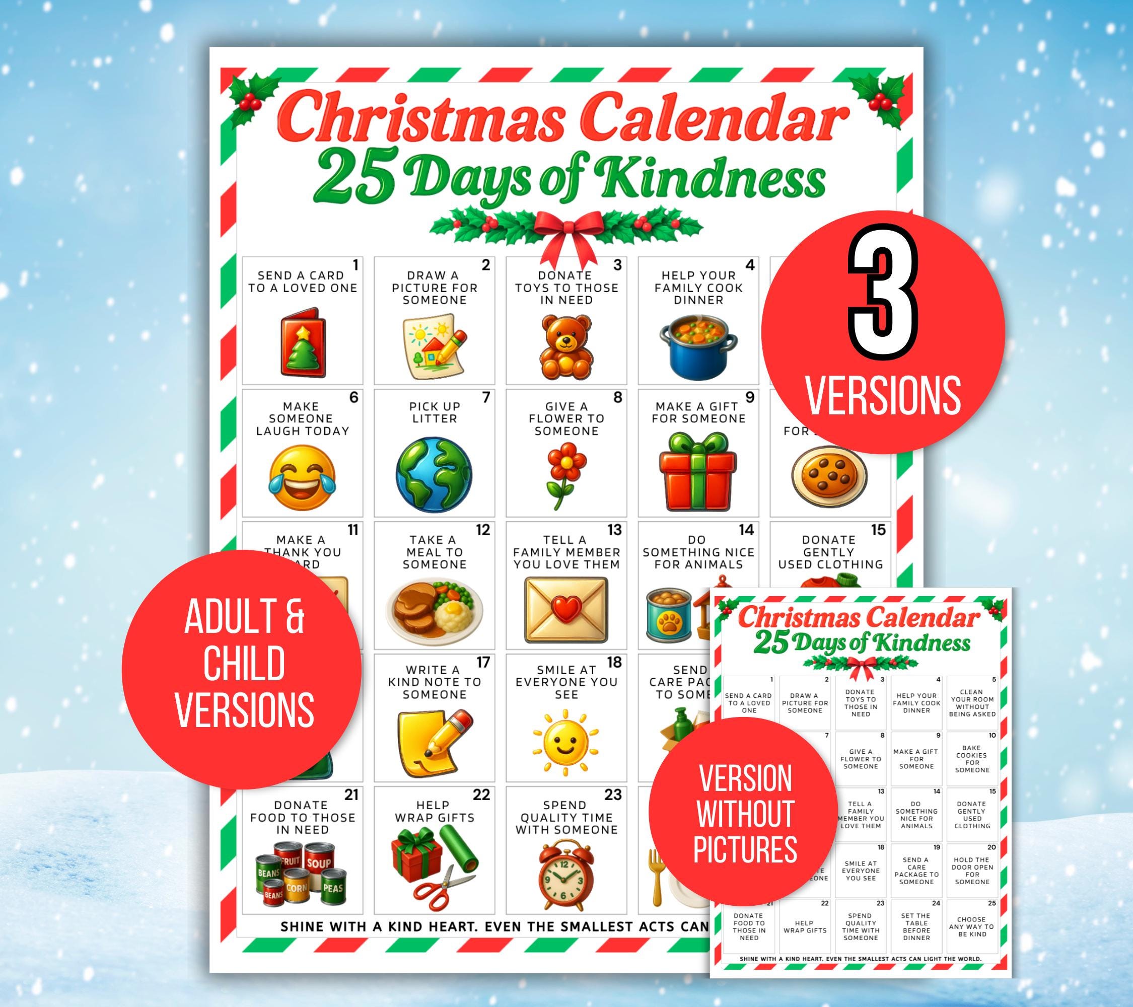 Christmas Acts of Kindness Calendar, Advent Calendar for Kid & Adult ...