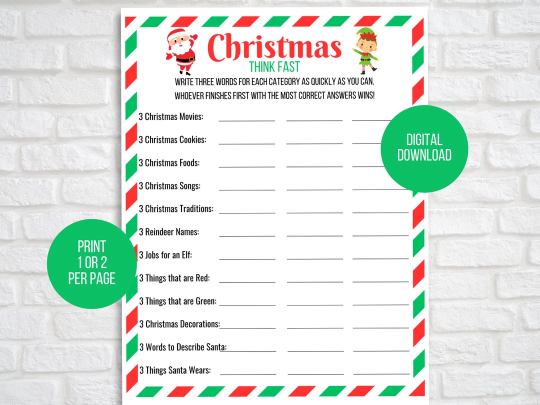 Think Fast Christmas Game, Fun Christmas Game, Printable Christmas Game ...