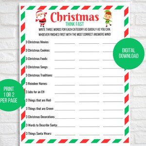 Think Fast Christmas Game, Fun Christmas Game, Printable Christmas Game ...