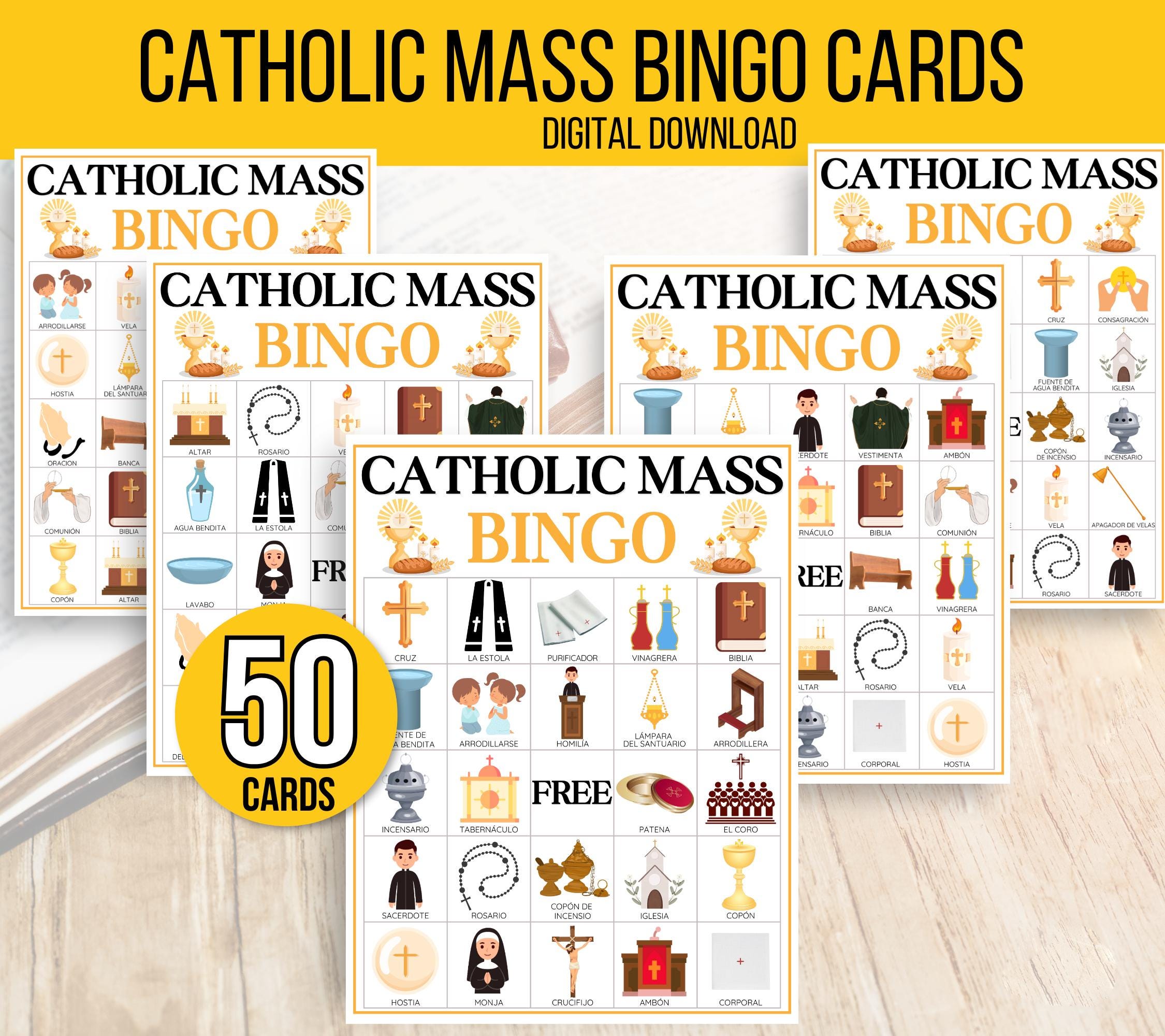 Spanish Catholic Mass Bingo, Spanish First Communion Bingo, 50 Catholic ...