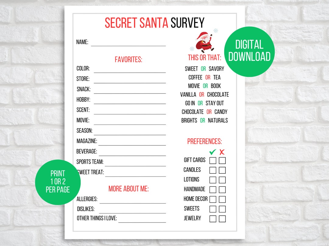Secret Santa Questionnaire, Printable Secret Santa Survey, Gift ...