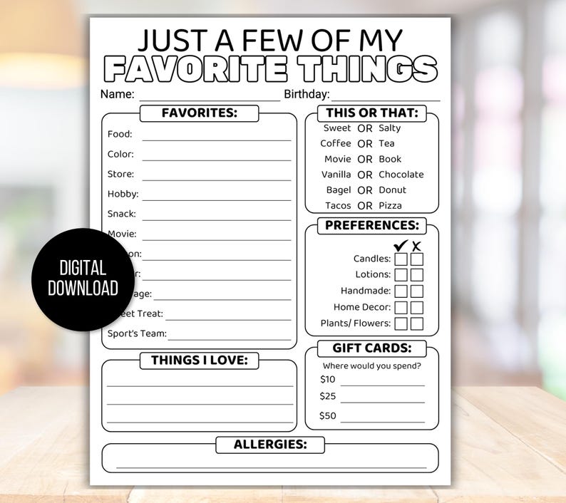 Favorite Things Survey, Favorite Things Form, My Favorite Things Survey ...