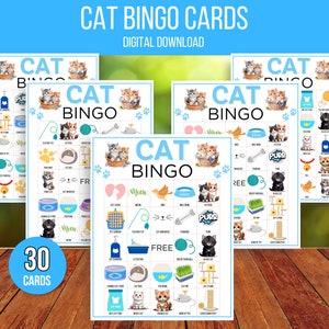 Cat Bingo, 30 Printable Cat Bingo Cards, Cat Birthday Party Game, Cat ...