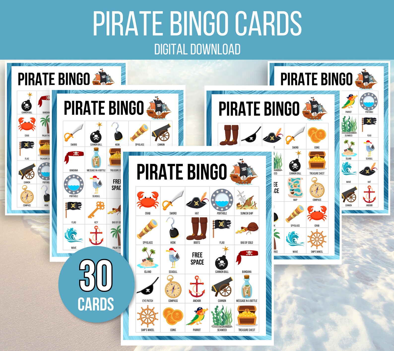 Pirate Bingo, 30 Printable Pirate Bingo Cards, Pirate Birthday, Pirate ...