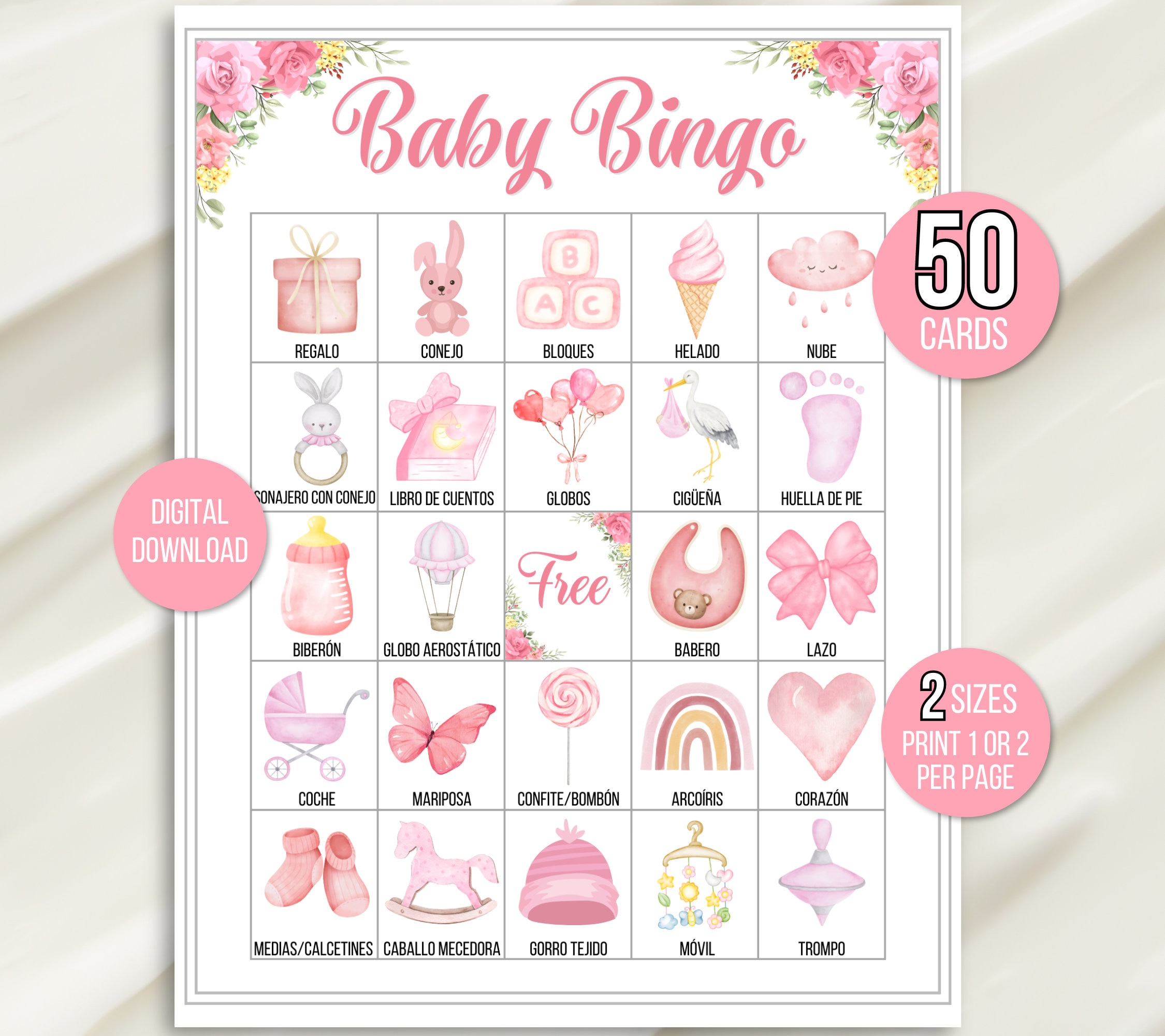 Baby Girl Bingo, 50 Spanish Baby Bingo Cards, Baby Girl Shower ...
