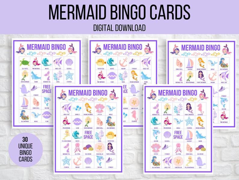 Mermaid Bingo 30 Unique Printable Mermaid Bingo Cards - Etsy