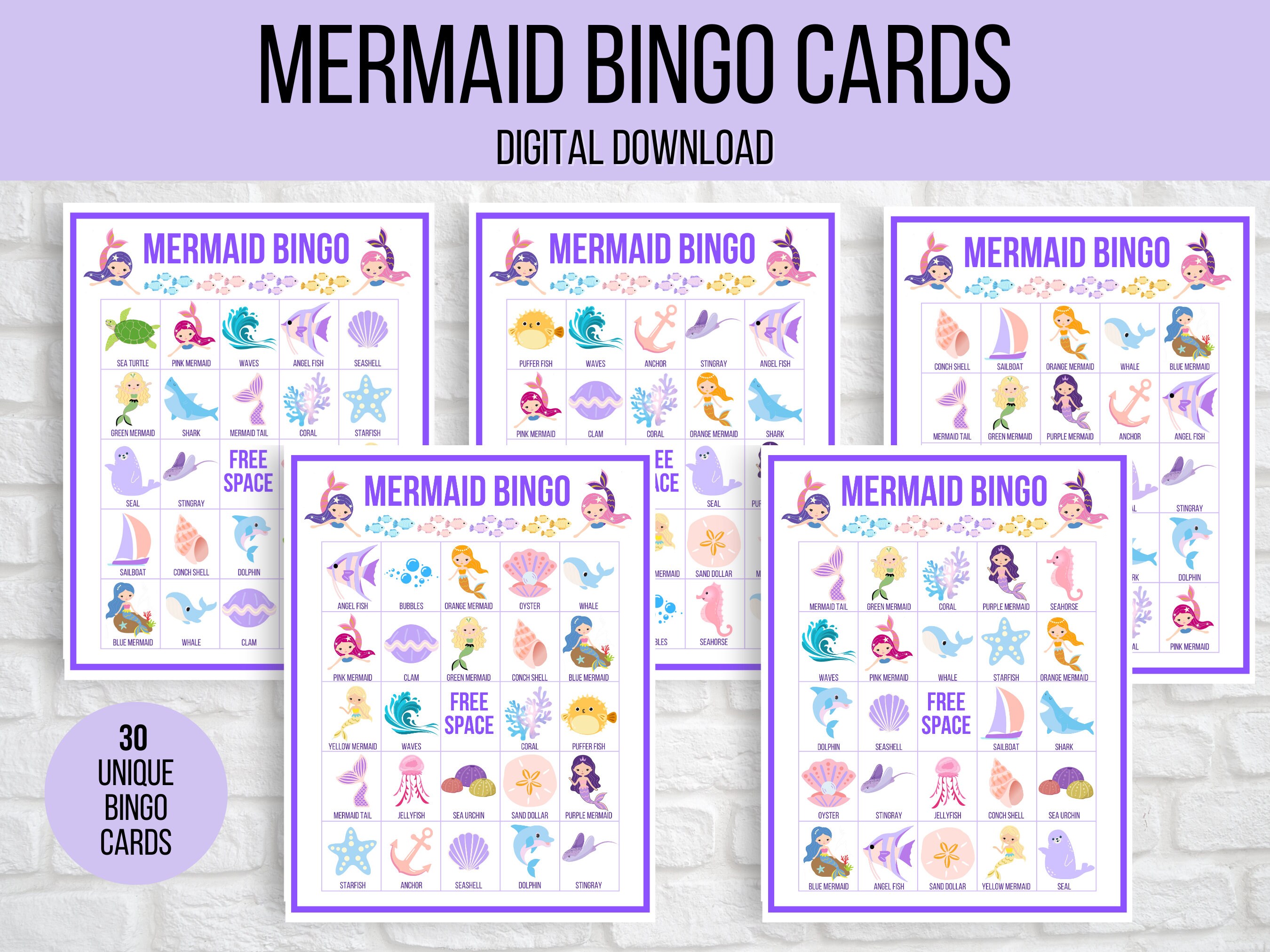 Mermaid Bingo 30 Unique Printable Mermaid Bingo Cards - Etsy
