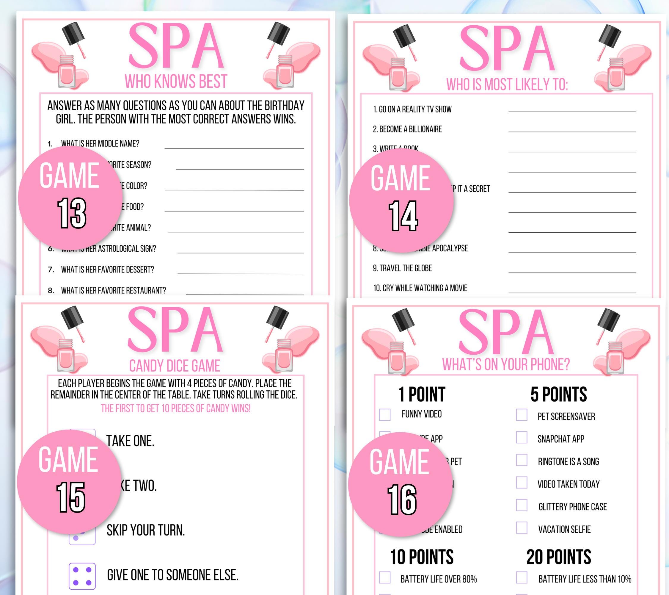 Spa Party Games Printable, Spa Party Activities, Girls Spa Party Games ...