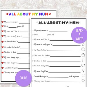 All About My Mom Fill in the Blanks Questionnaire, Mother's Day Craft ...