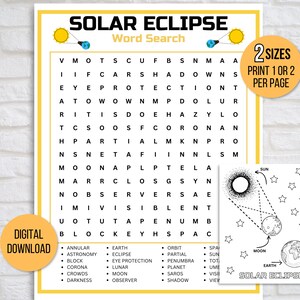 Solar Eclipse Word Search, Fun Solar Eclipse Game, Printable Solar ...