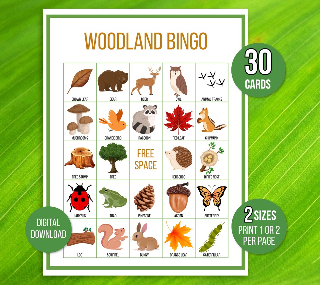 Woodland Bingo, 30 Printable Woodland Bingo Cards, Woodland Party Game ...