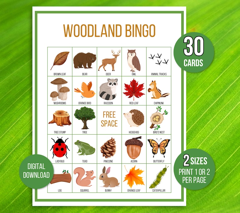 Woodland Bingo, 30 Printable Woodland Bingo Cards, Woodland Party Game ...