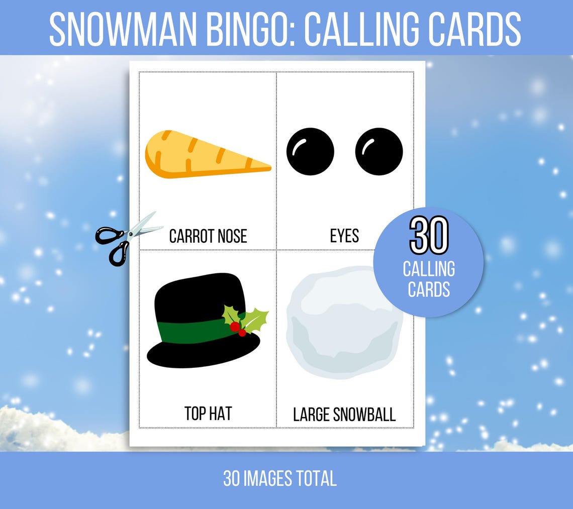 Snowman Bingo, Winter Bingo, 30 Printable Snowman Bingo Cards, Winter ...