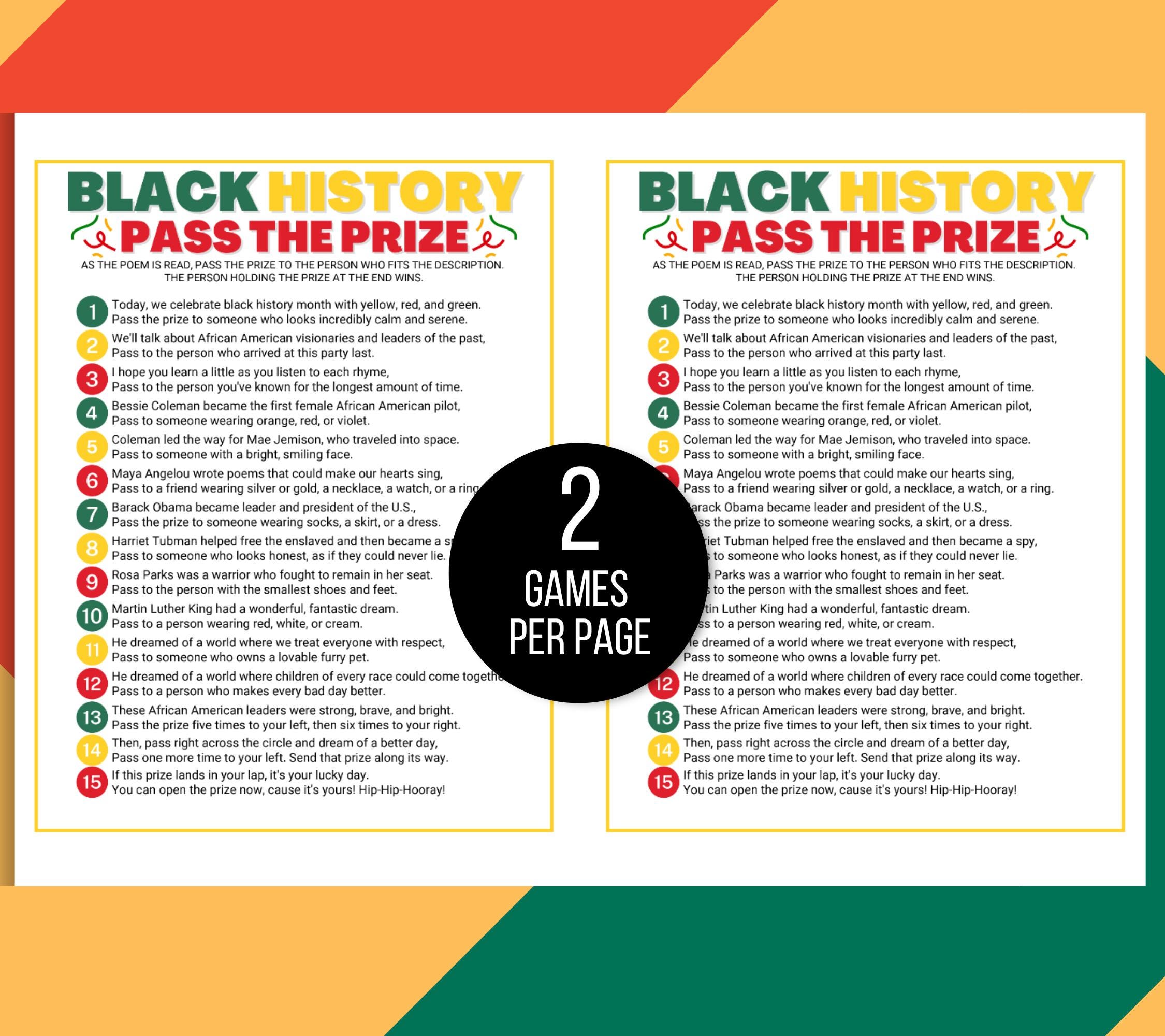 Black History Pass the Prize, Black History Games, Black History Pass ...