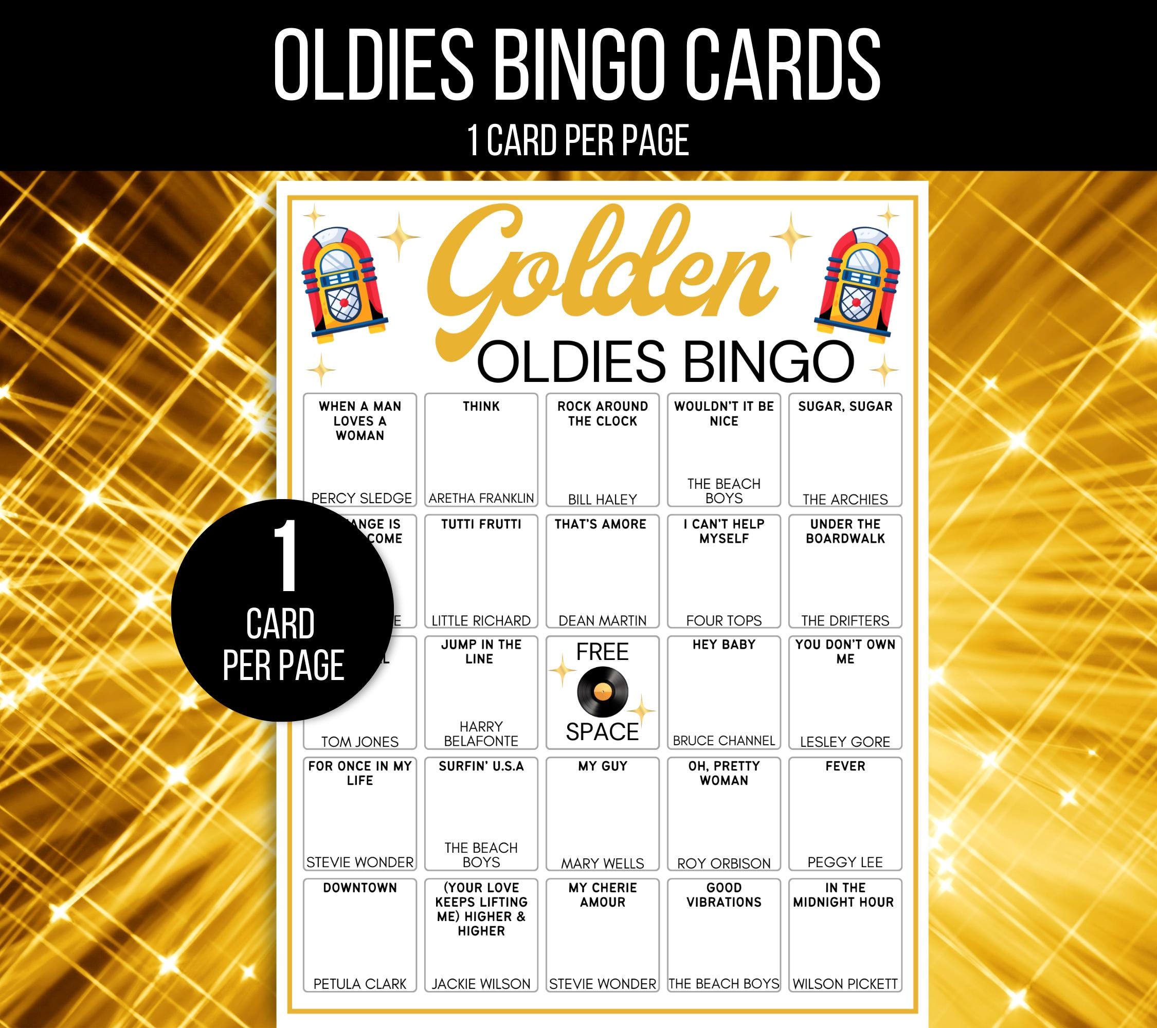 Music Bingo, Golden Oldies Bingo, Oldies Song Bingo, Golden Oldies ...