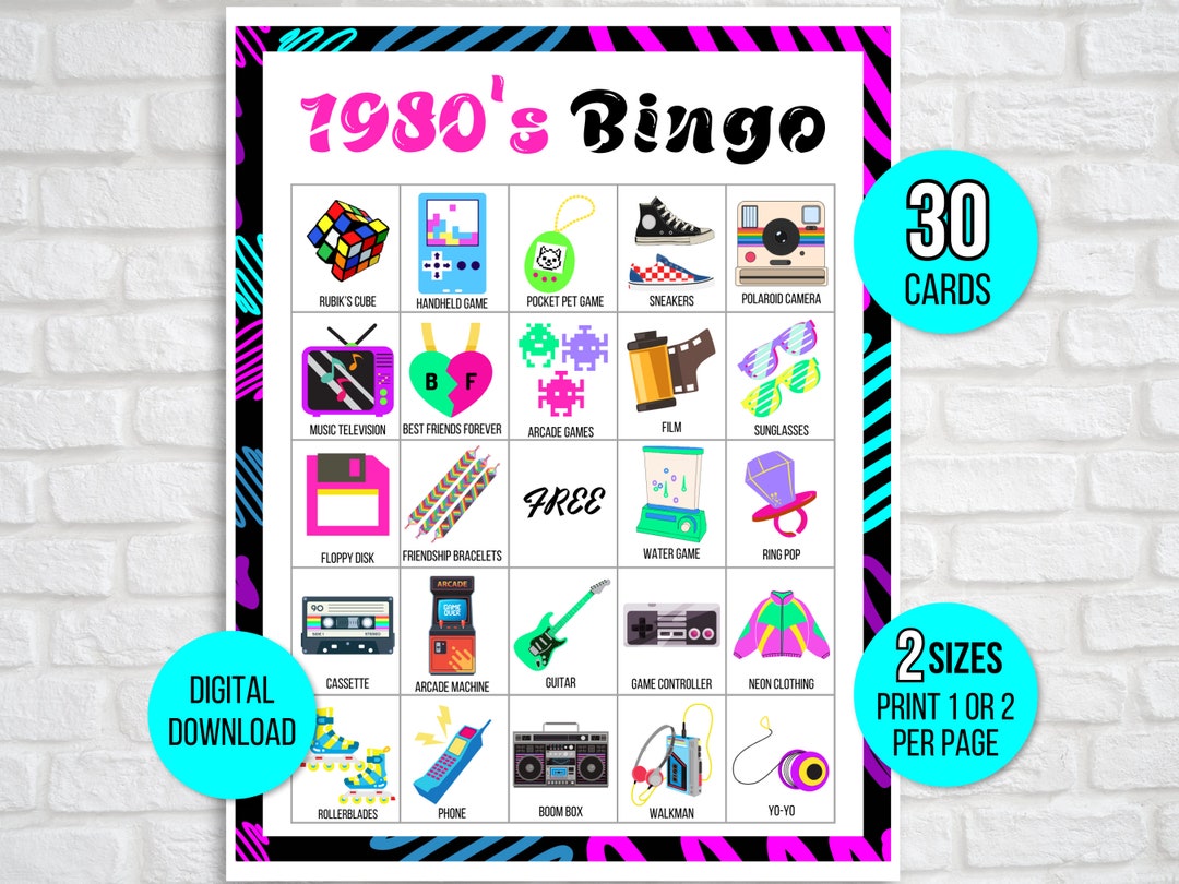 80s Bingo, 1980s Bingo, Retro Bingo, 30 Printable 1980s Bingo Cards ...