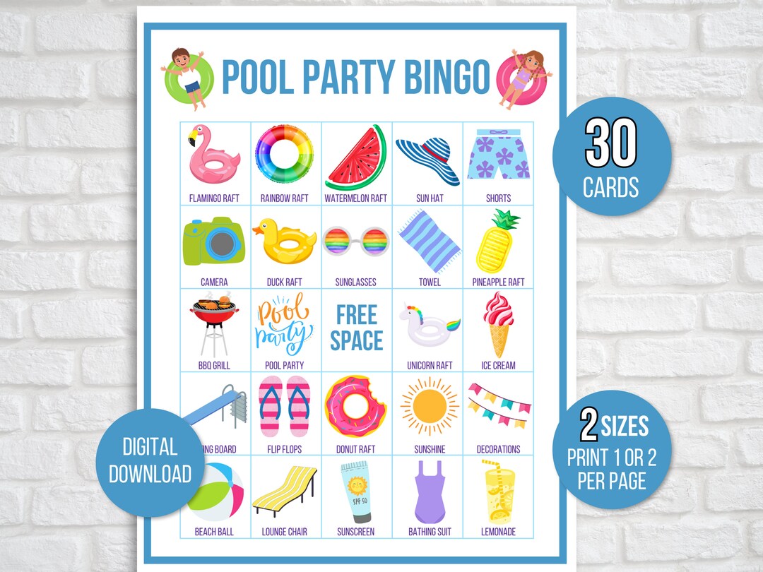 Pool Party Bingo, 30 Unique Printable Pool Bingo Cards, Pool Party Game ...