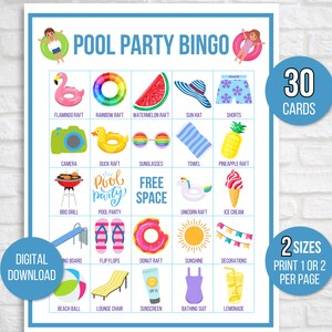 Pool Party Bingo, 30 Unique Printable Pool Bingo Cards, Pool Party Game ...
