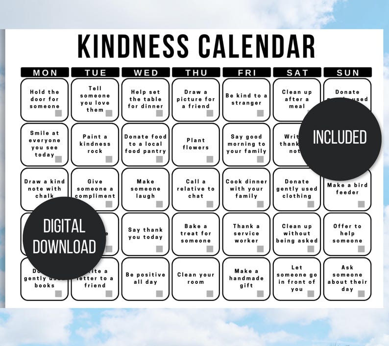 Kindness Calendar, Acts of Kindness Calendar, Kid's Kindness Challenge ...