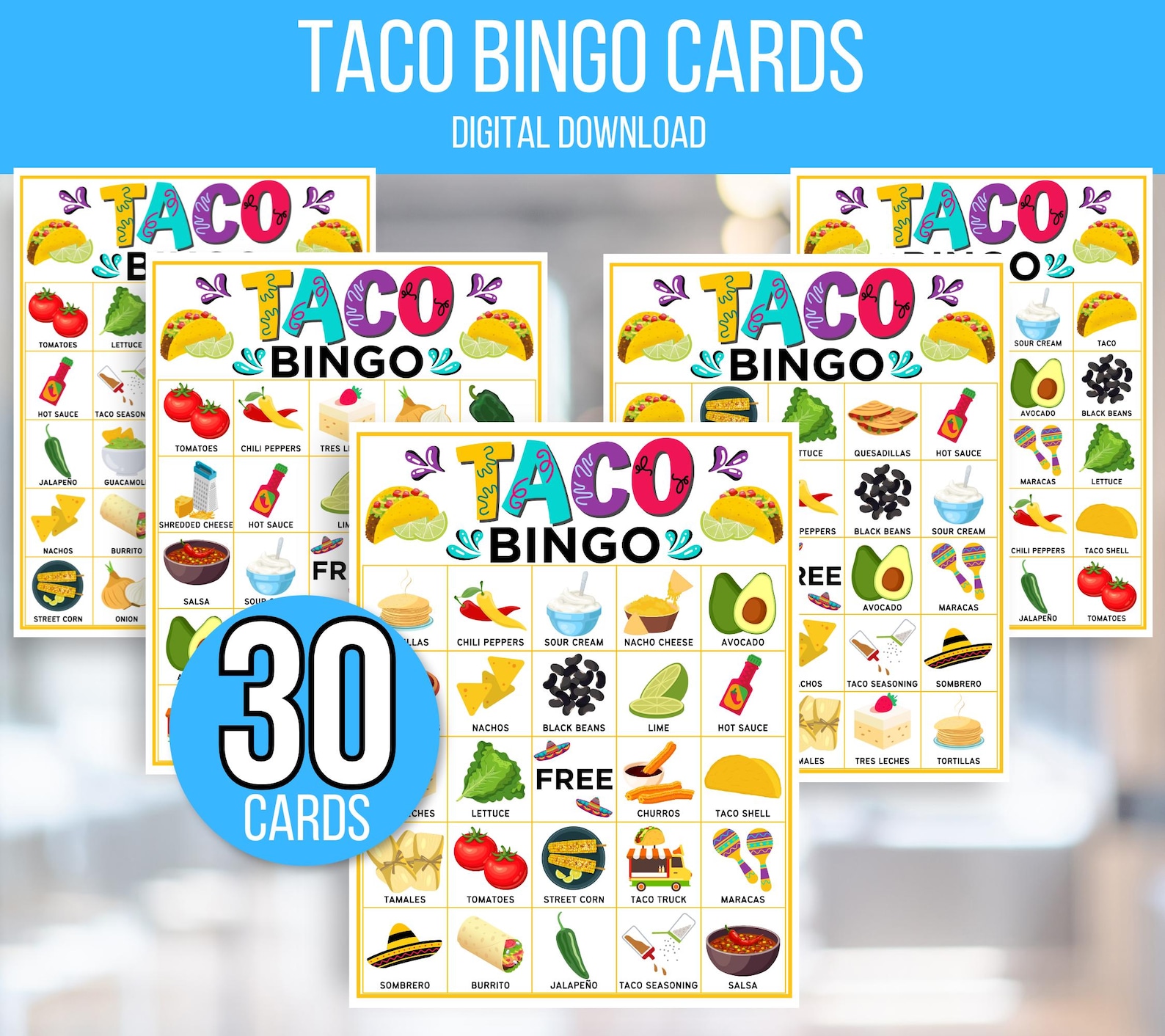 Taco Bingo, 30 Printable Taco Bingo Cards, Taco Activity for Kids, Taco ...