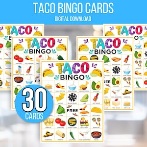 Taco Bingo, 30 Printable Taco Bingo Cards, Taco Activity for Kids, Taco ...