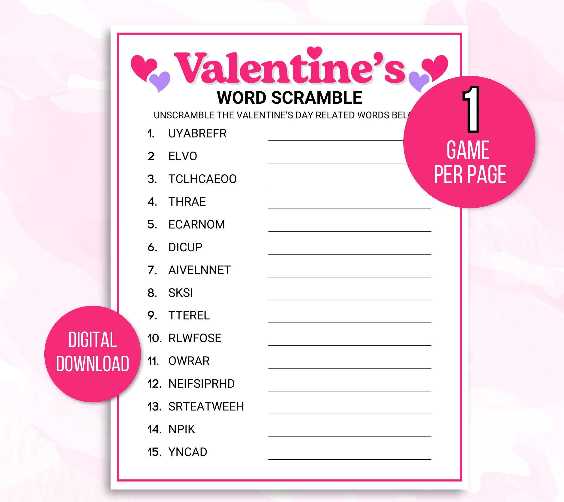 Valentine's Day Word Scramble, Valentine's Word Scramble, Fun Valentine ...