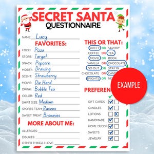 Secret Santa Questionnaire, Printable Secret Santa Questions, Gift ...